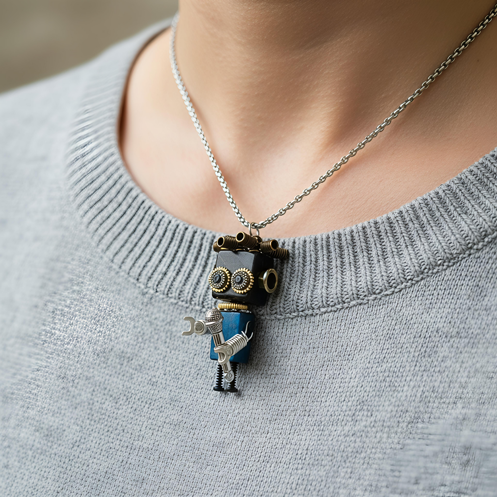 Handmade Wooden Punk Robot Necklace Pendant key chains backpack charms ...