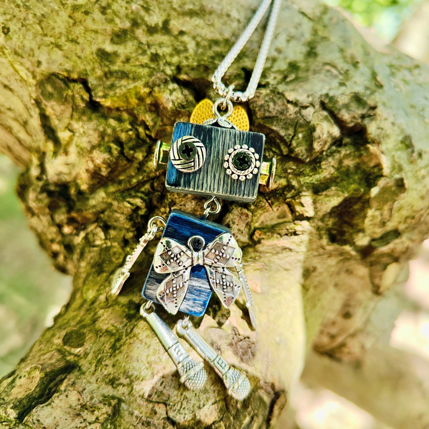 Handmade Wooden Punk Robot Necklace Pendant key chains backpack charms ...